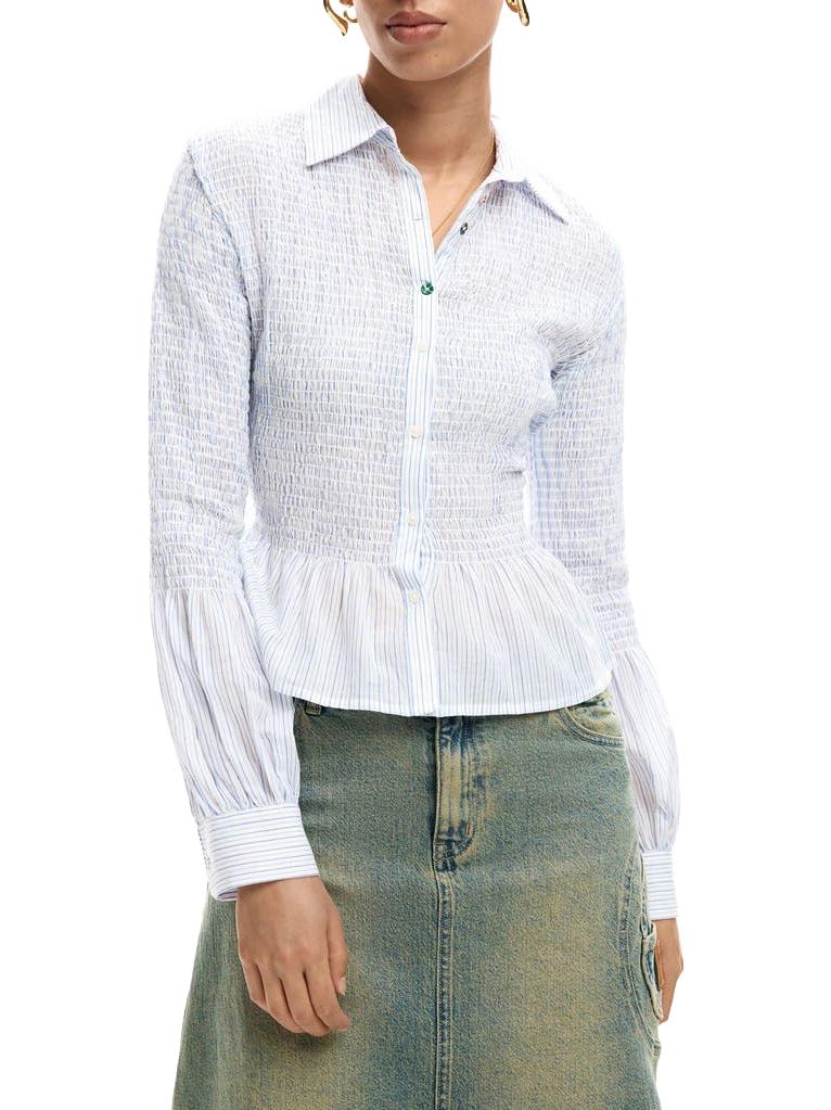 DESIGUAL Stripe Smocked Peplum Button-Up Shirt